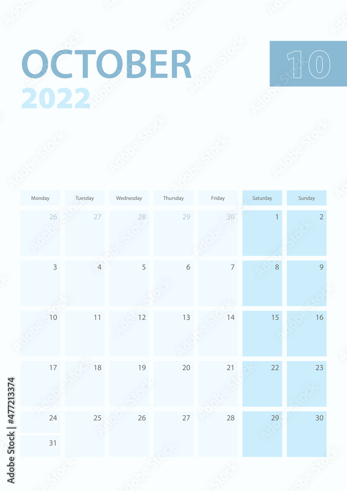 Vertical calendar page of October 2022, Week starts from Monday. Stock ...