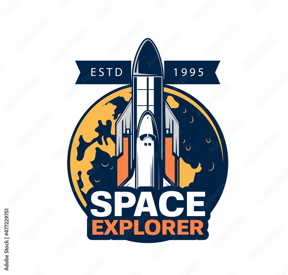 Spaceship icon, space explorer rocket to planets, vector shuttle ...