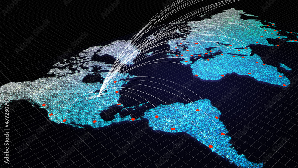 Global connectivity from Chicago, USA to other major cities around the ...