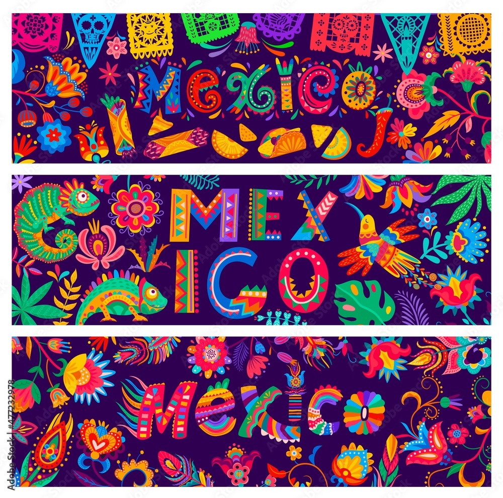 Mexican banners with food, chameleons and flowers, birds, feathers ...