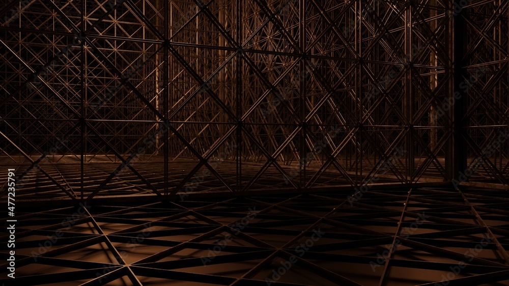 Abstract metal steel shape with lighting in dark scene 3D rendering ...