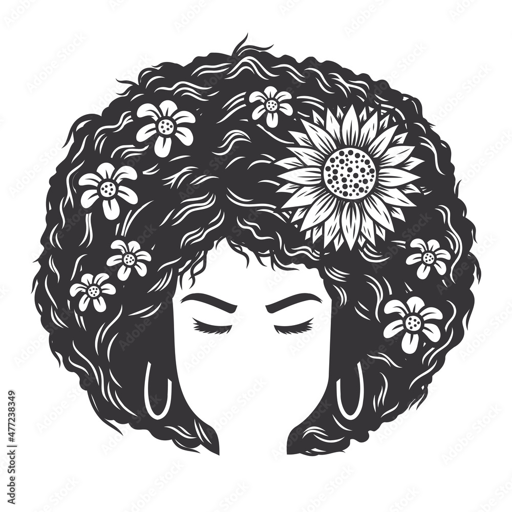 Woman face with Afro and flower vintage hairstyles vector line art ...