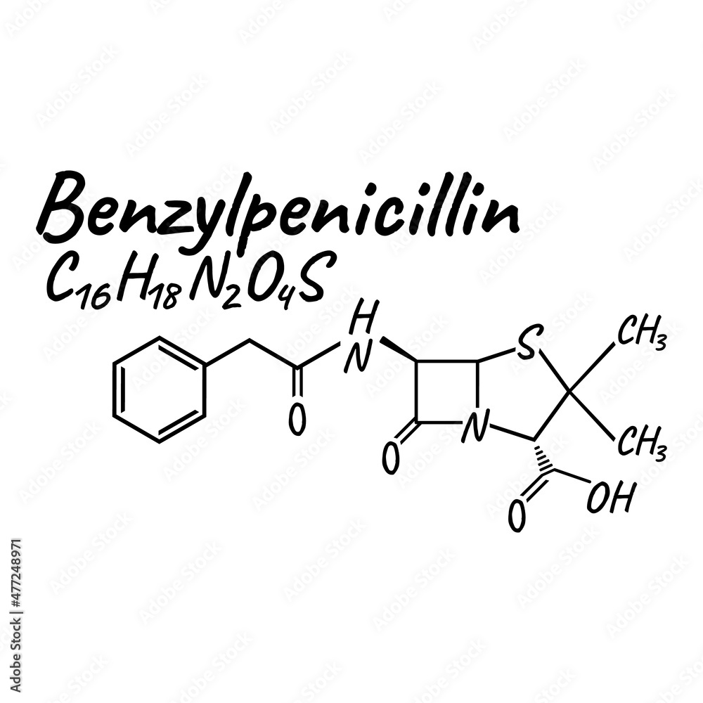 Benzylpenicillin antibiotic chemical formula and composition, concept ...