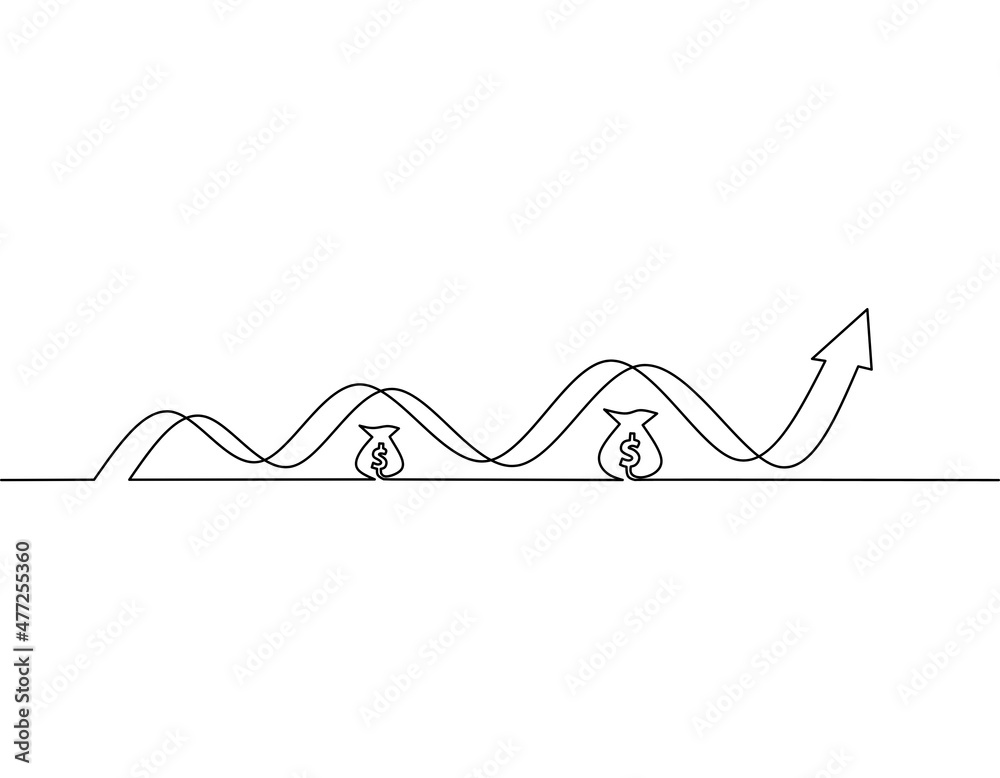 Continuous line drawing of money bag and arrow growth, business income ...