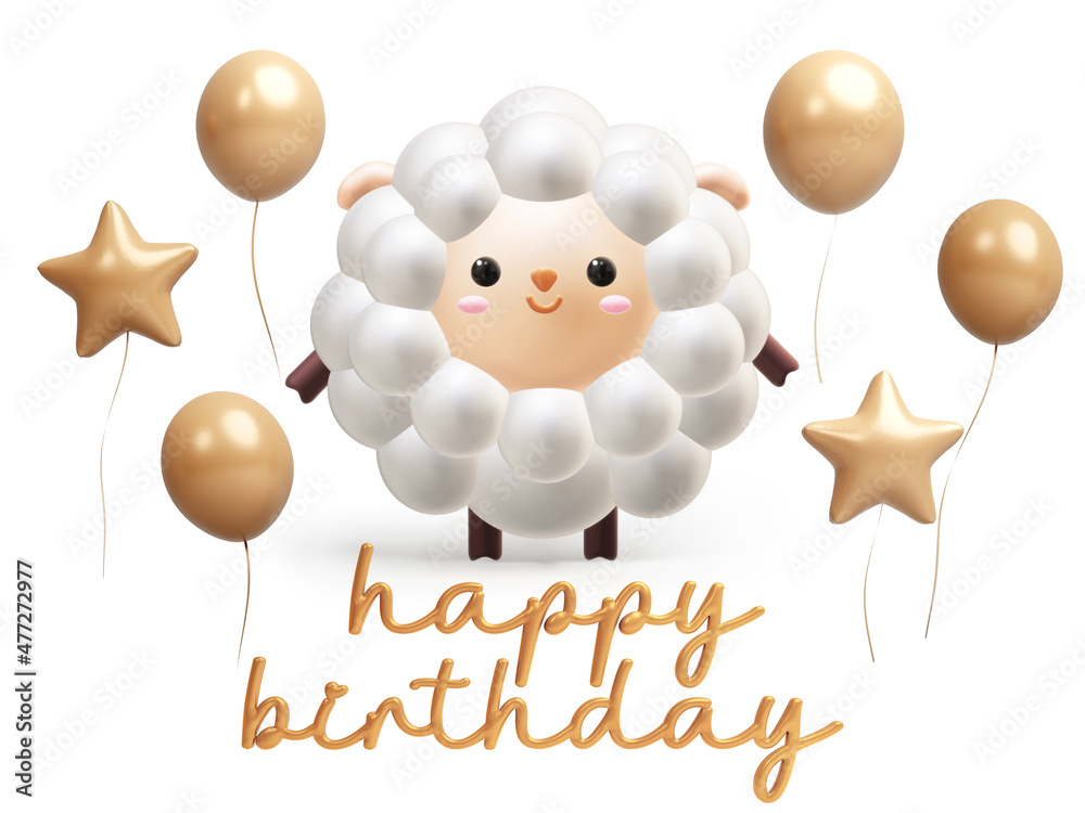 cartoon 3D illustration of Cute Sheep. Happy birthday card. Stock ...
