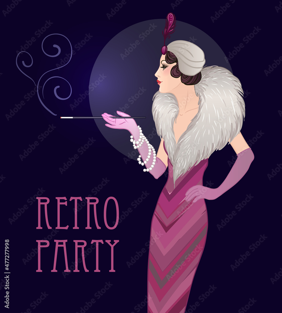 Flapper girl: Retro party invitation design template. Vector ...