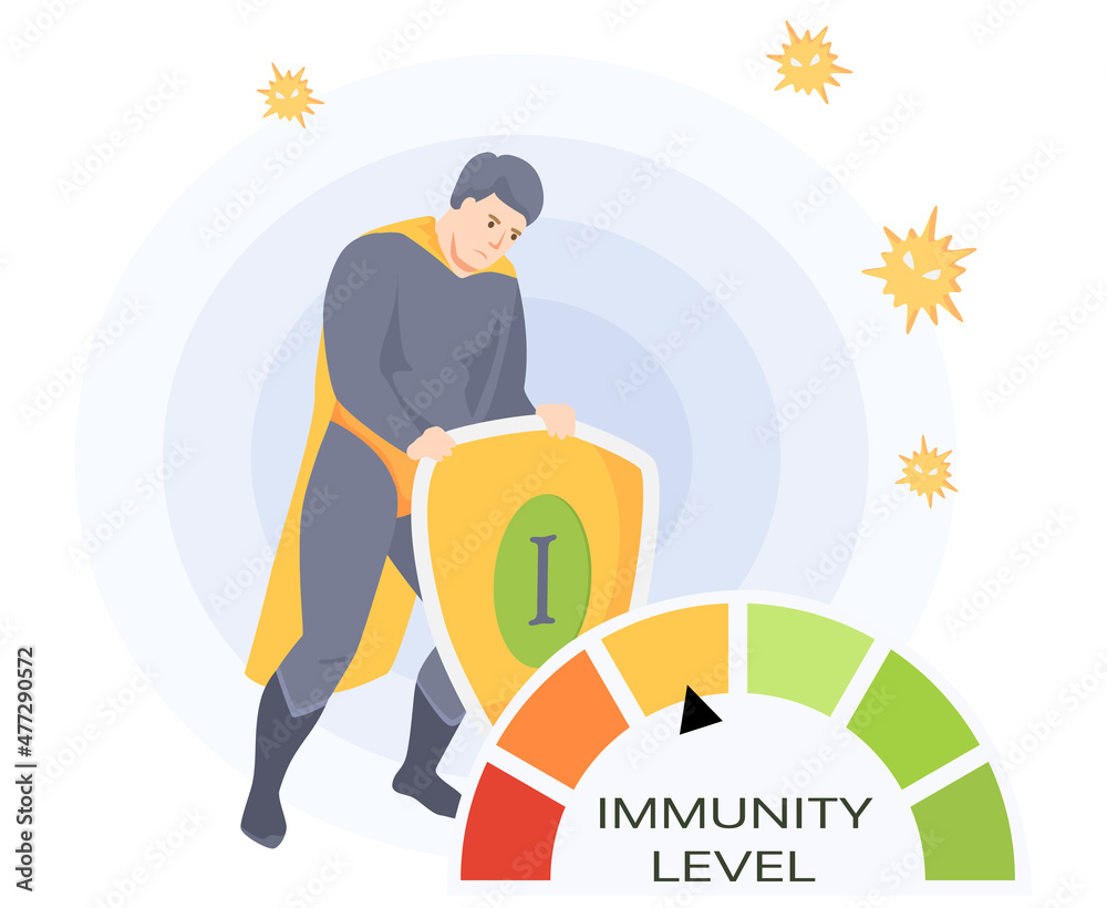 Man in super man costume and circular spectrum of level of immunity ...