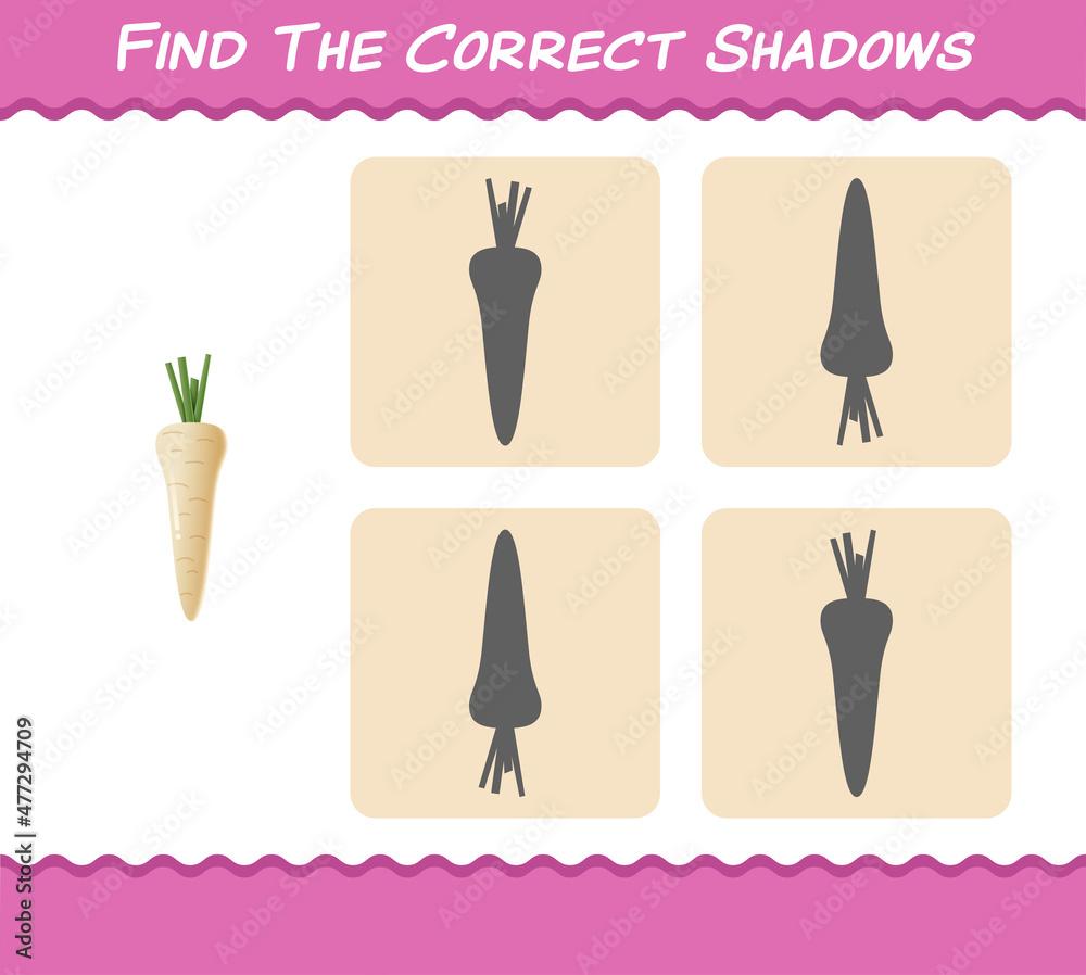 Find the correct shadows of cartoon parsnip. Searching and Matching ...