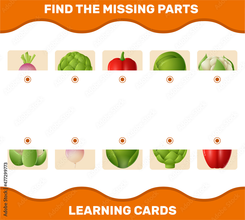 Match cartoon vegetables parts. Matching game. Educational game for pre ...