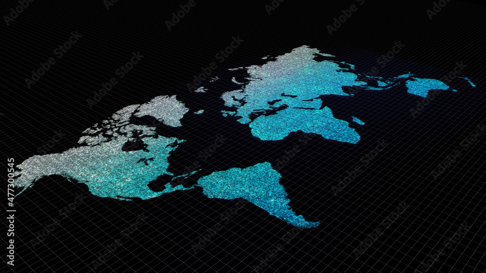 Futuristic global map continents, cartography in abstract particles ...