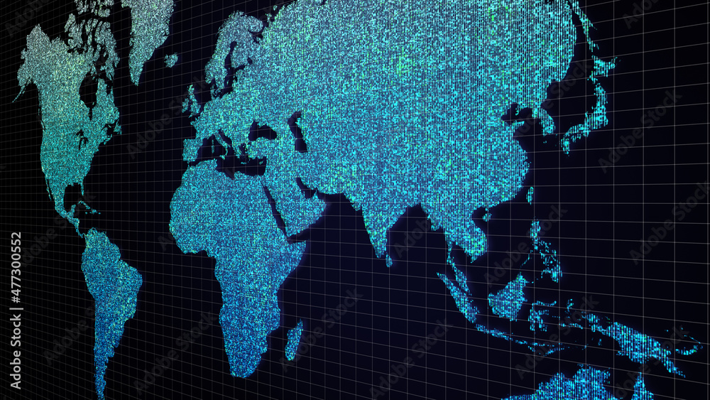 Futuristic global map continents, cartography in abstract particles ...