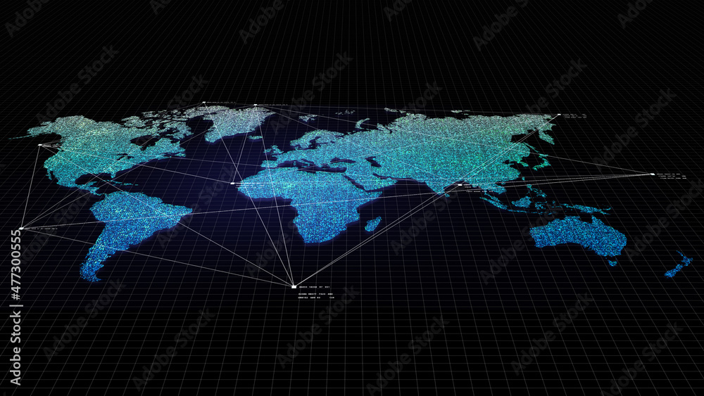 Futuristic global map continents, cartography in abstract particles ...