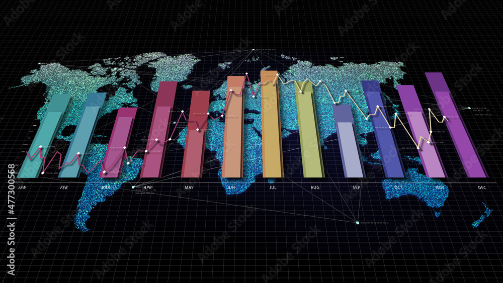 Futuristic Business global map with bar and line graph in abstract ...