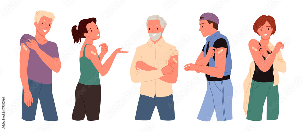 People showing arm with bandage after vaccination vector illustration ...