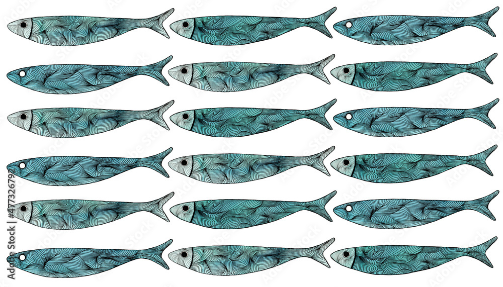 Dibujo de sardinas estilo fantasía, como fondo, patrón o para mantel ...