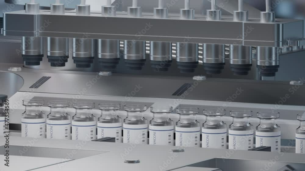 COVID 19 coronavirus vaccine ampules, bottles development. Machine puts ...