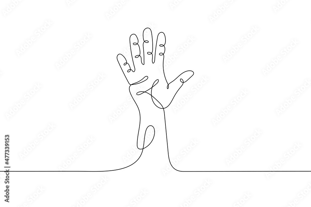 Single line drawn hand gesture, minimalistic waving human five fingers ...