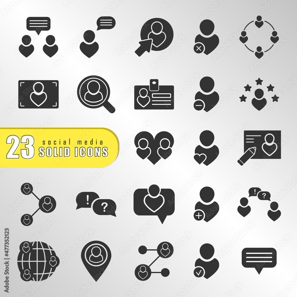 Vector solid icons for UI design. Communication, location, add\follow ...