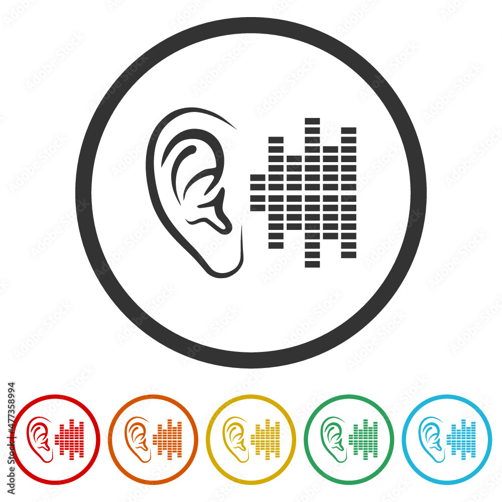 Human ear anatomy and auditory icon isolated on white background, color ...