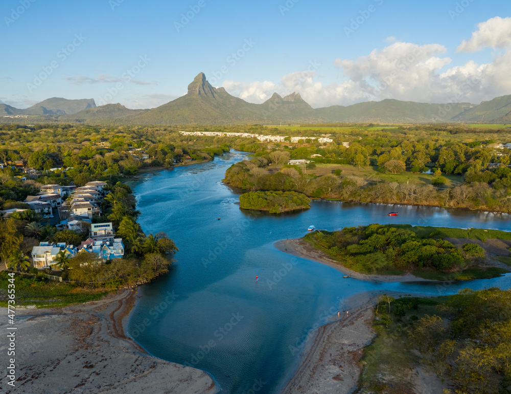Aerial view of Riviere du Rempart, a river near Baie du Tamarin, a ...