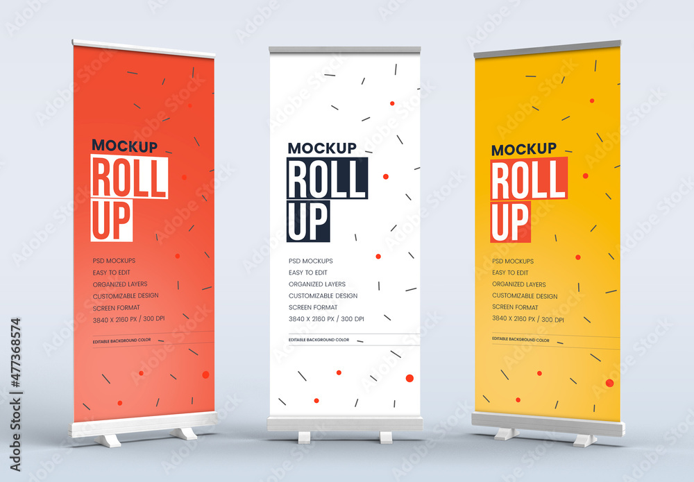 Triple Roll-Up Banner Mockup – Realistic Indoor Advertising Display for ...
