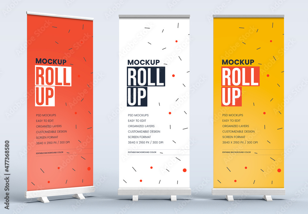 Triple Roll-Up Banner Mockup on White Background – High-Resolution PSD ...