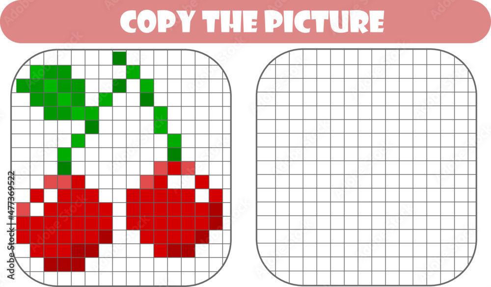 Copy the picture, pixel art, cherry cartoon, educational paper game for ...
