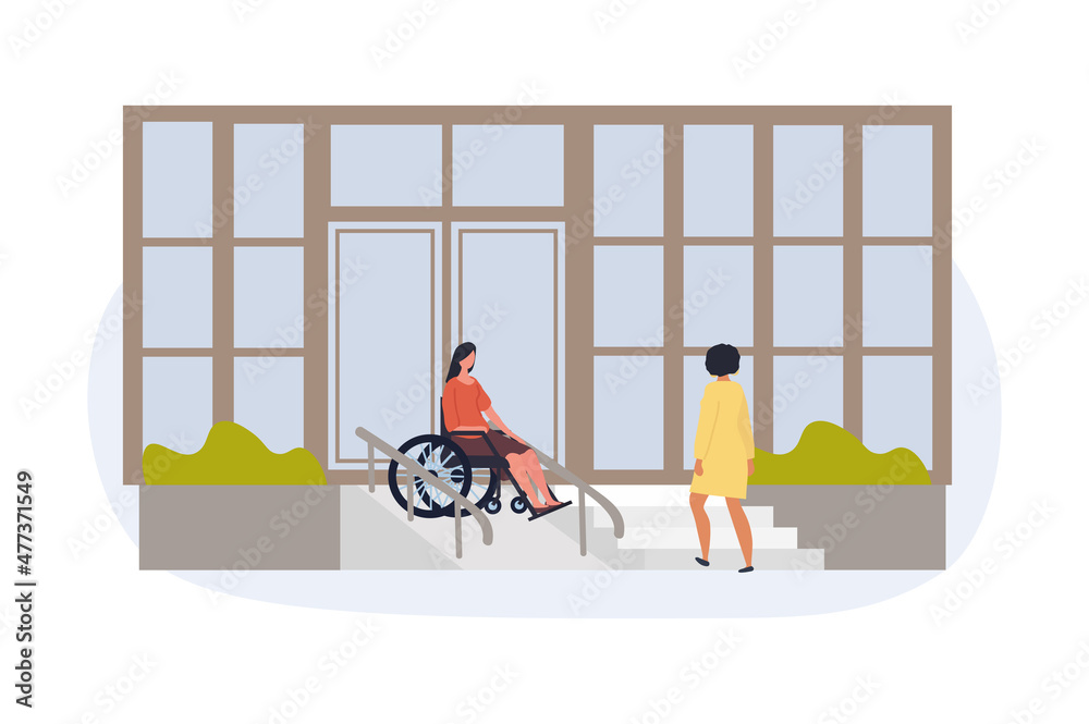 Person with disabilities in society concept. Young woman in wheelchair ...