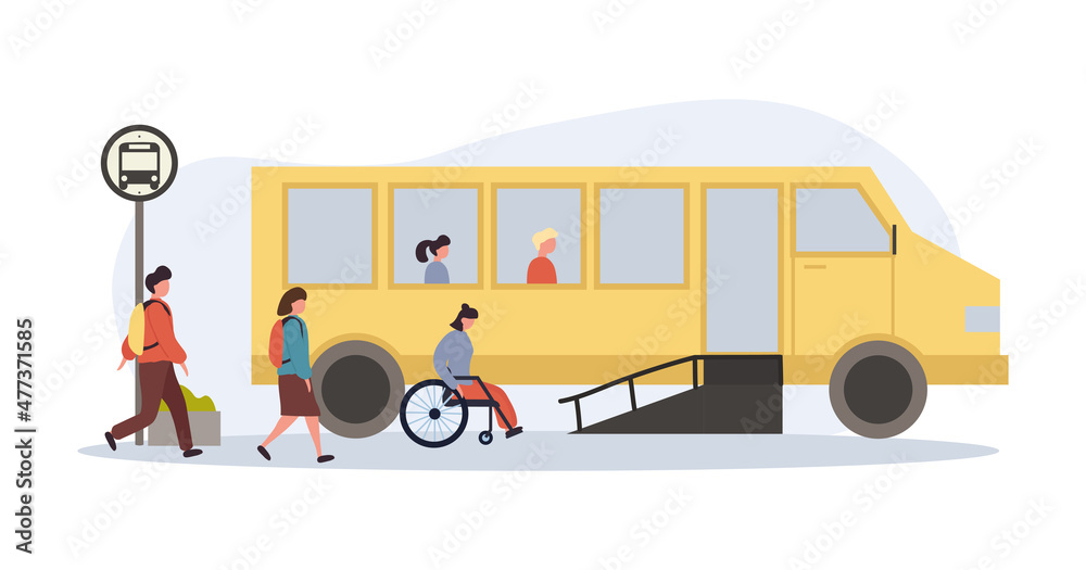 Person with disabilities in society concept. Girl in wheelchair rides ...