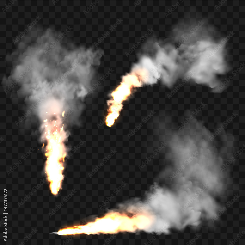 Realistic smoke clouds and fire. Flame blast, explosion. Stream of ...