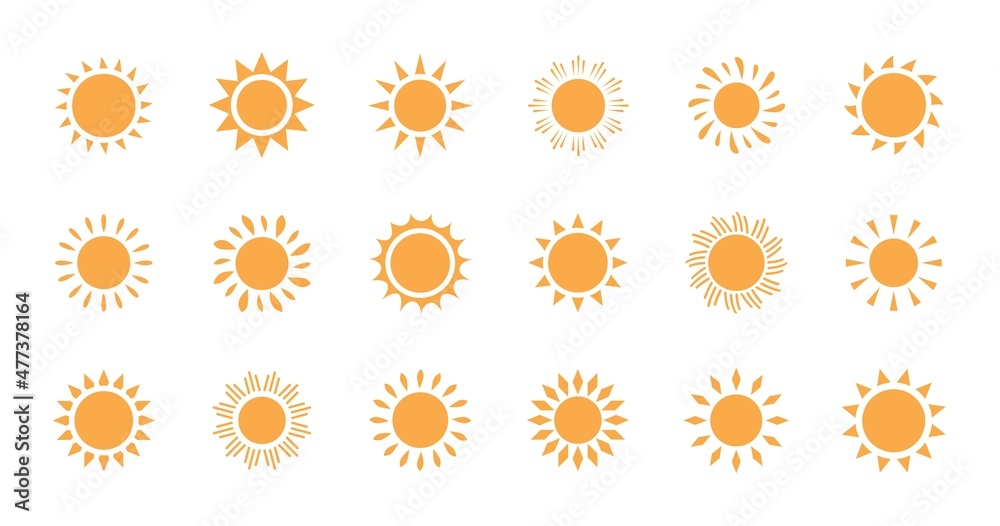 Yellow sun icon vector set. Summer, heat symbol Isolated on white ...