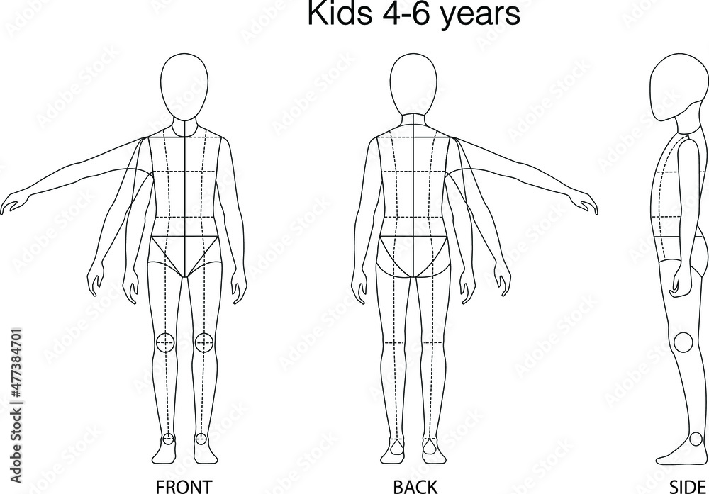Kids (4-6years) figure: Front, Back, and side view. Fashion figure ...