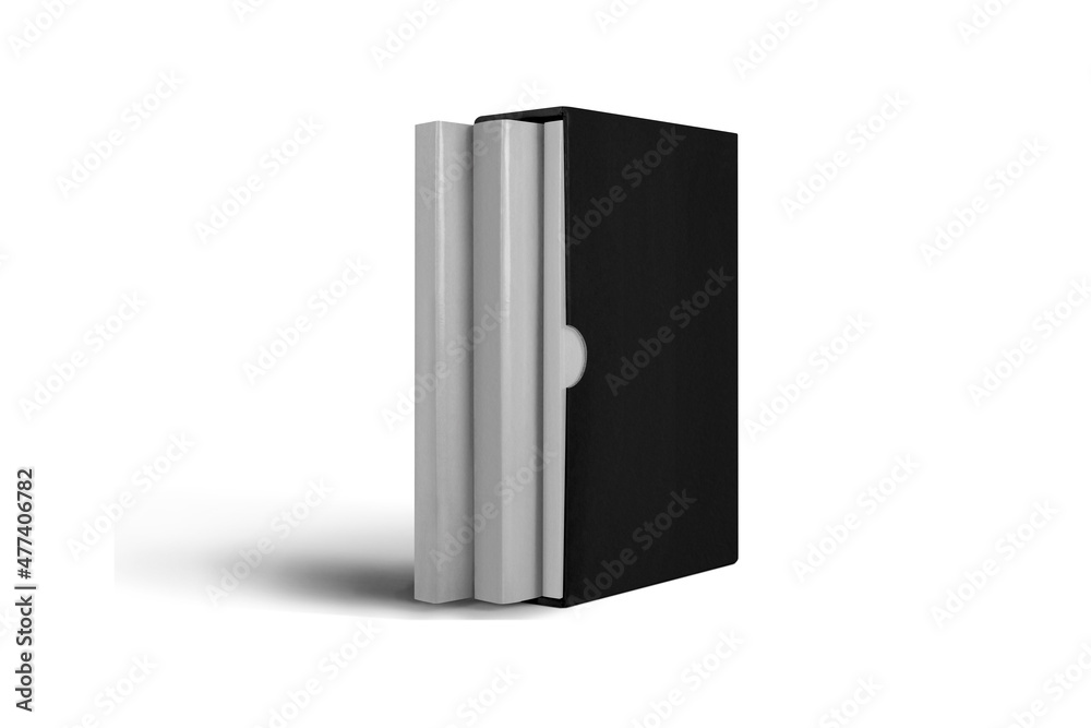 Three books with blank box cover standing isolated on white background ...