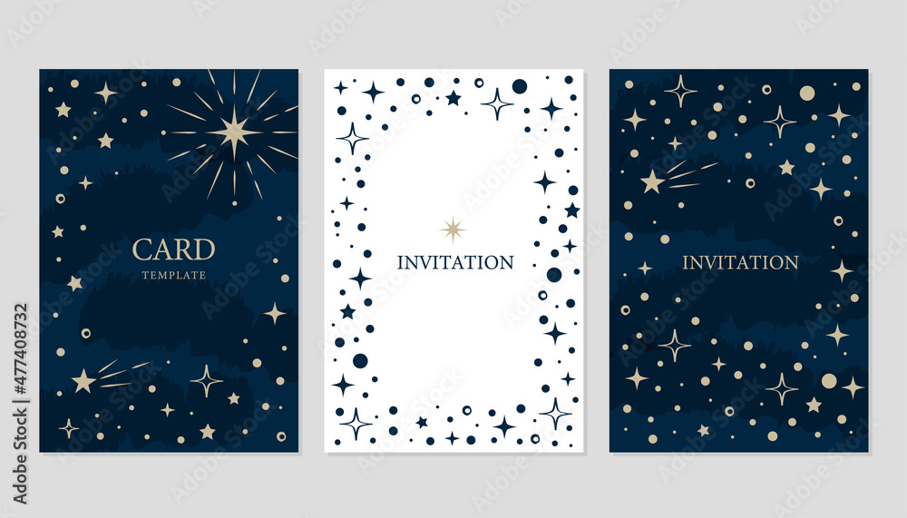 Gold star card design template collection. Vector starry night ...