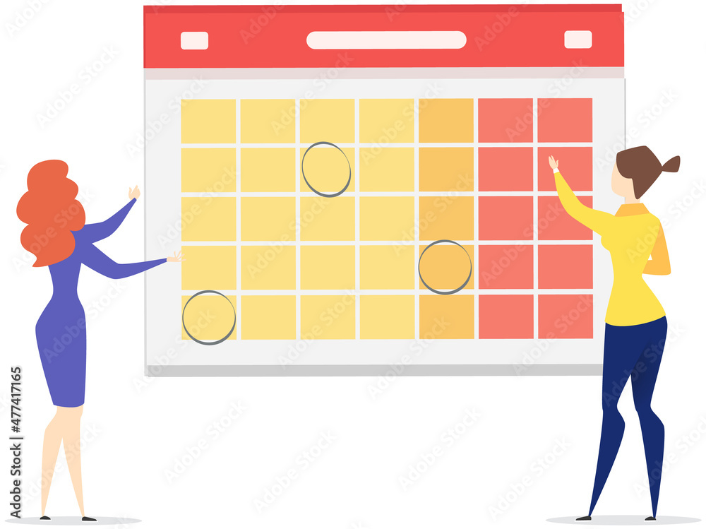 Business women check calendar. Planning day, work month projects ...