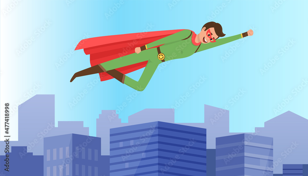 Brave superhero save world and flies over buildings in city. Strong ...