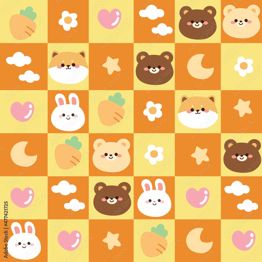 Seamless pattern of cute animals on orange checkered background ...