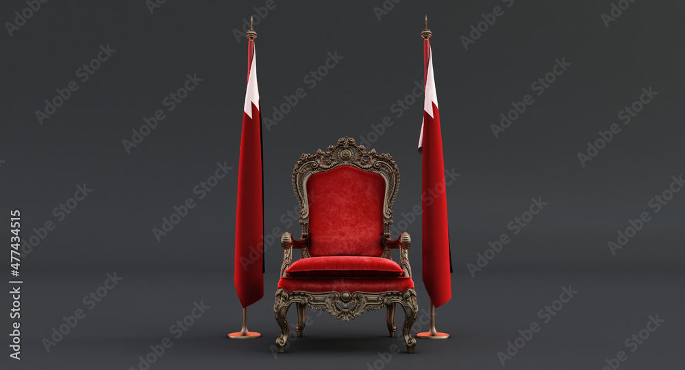 3D render of Red royal chair on a dark background betwin two flags ...