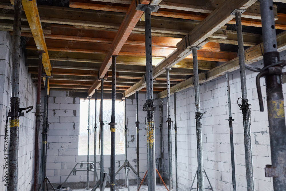 The supports of monolithic floor formwork at a construction site ...