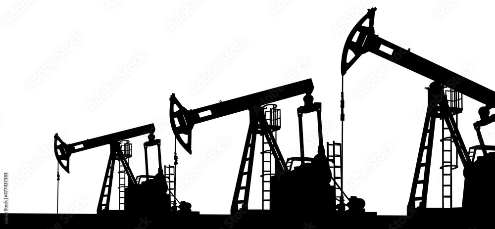 Silhouette of oil platforms. Oil production. Gas production. Oil pumps ...