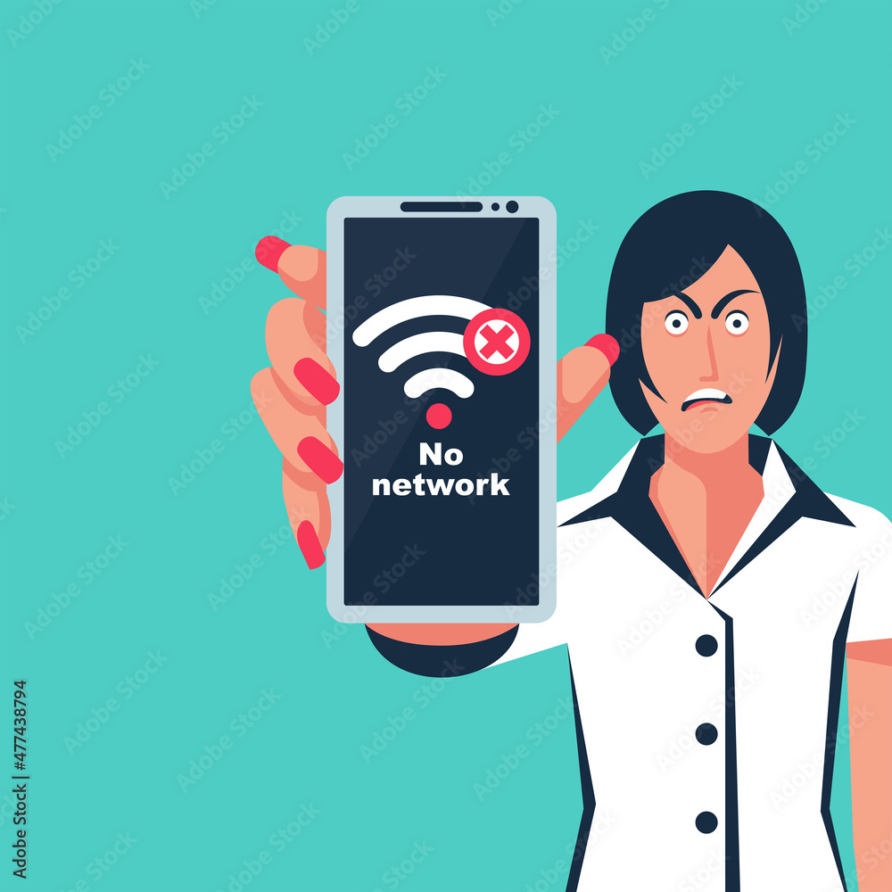 No connection, on the screen of the smartphone. Angry face young girl ...