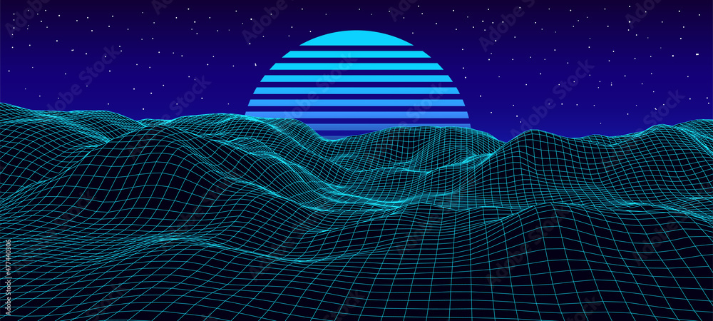 Digital retro landscape 1980s style. Futuristic cyber surface. 80s ...