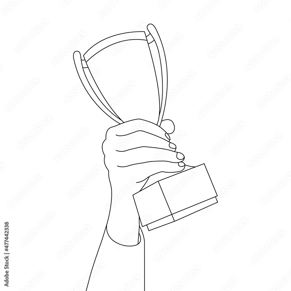 Hand holds trophy cup drawn by lines. The concept of a symbol of ...