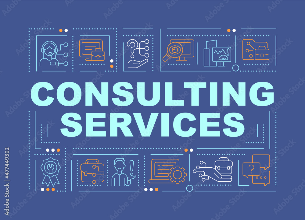 Technical consulting services word concepts dark blue banner. Infographics with linear icons on ...