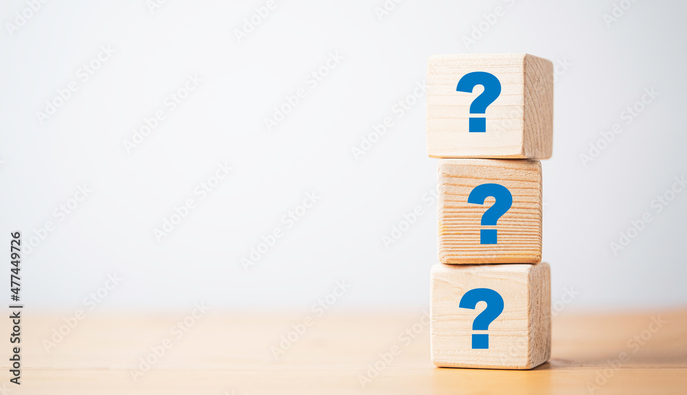 Question mark print screen on wooden cube block with copy space for ...