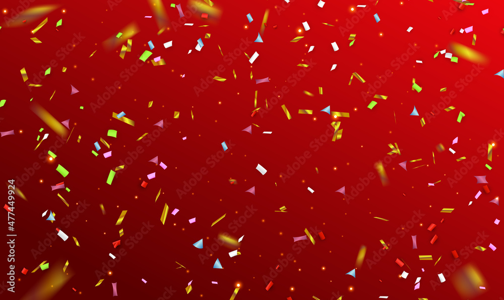 Colorful golden confetti vector festive illustration on red background ...