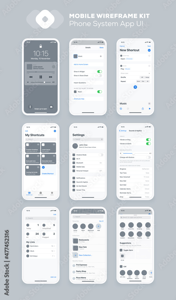 Mobile app design. UI UX wireframe kit for smartphone. New OS screens ...