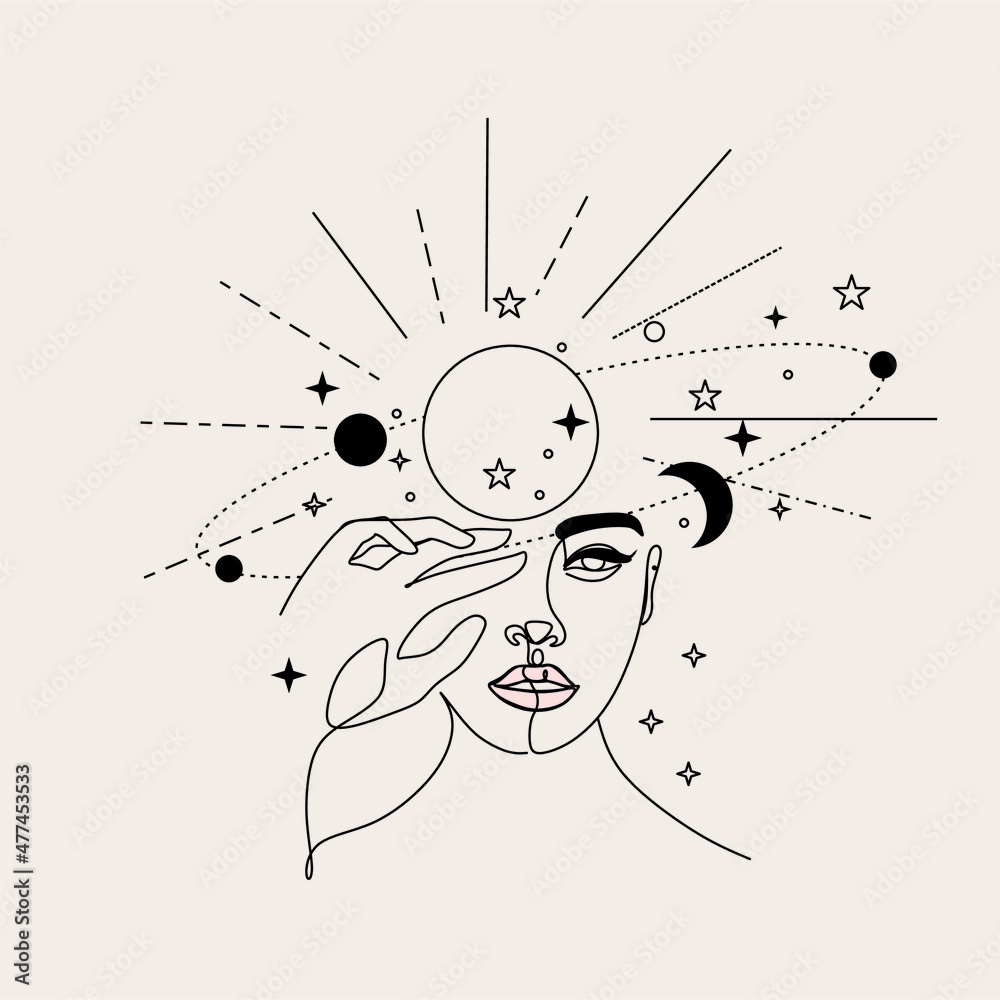 Beauty woman face with stars and cosmic universe. One-Line drawing art ...