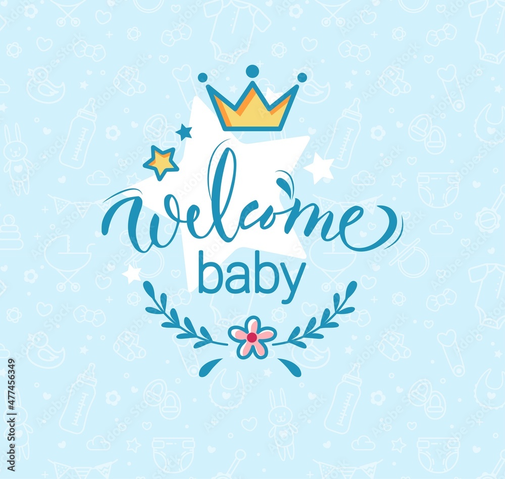 Hello baby boy vector poster with calligraphic composition, crown and ...