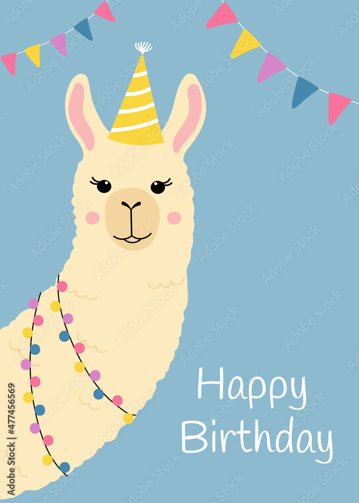 Happy birthday greeting card with cute llama head. Funny alpaca with ...